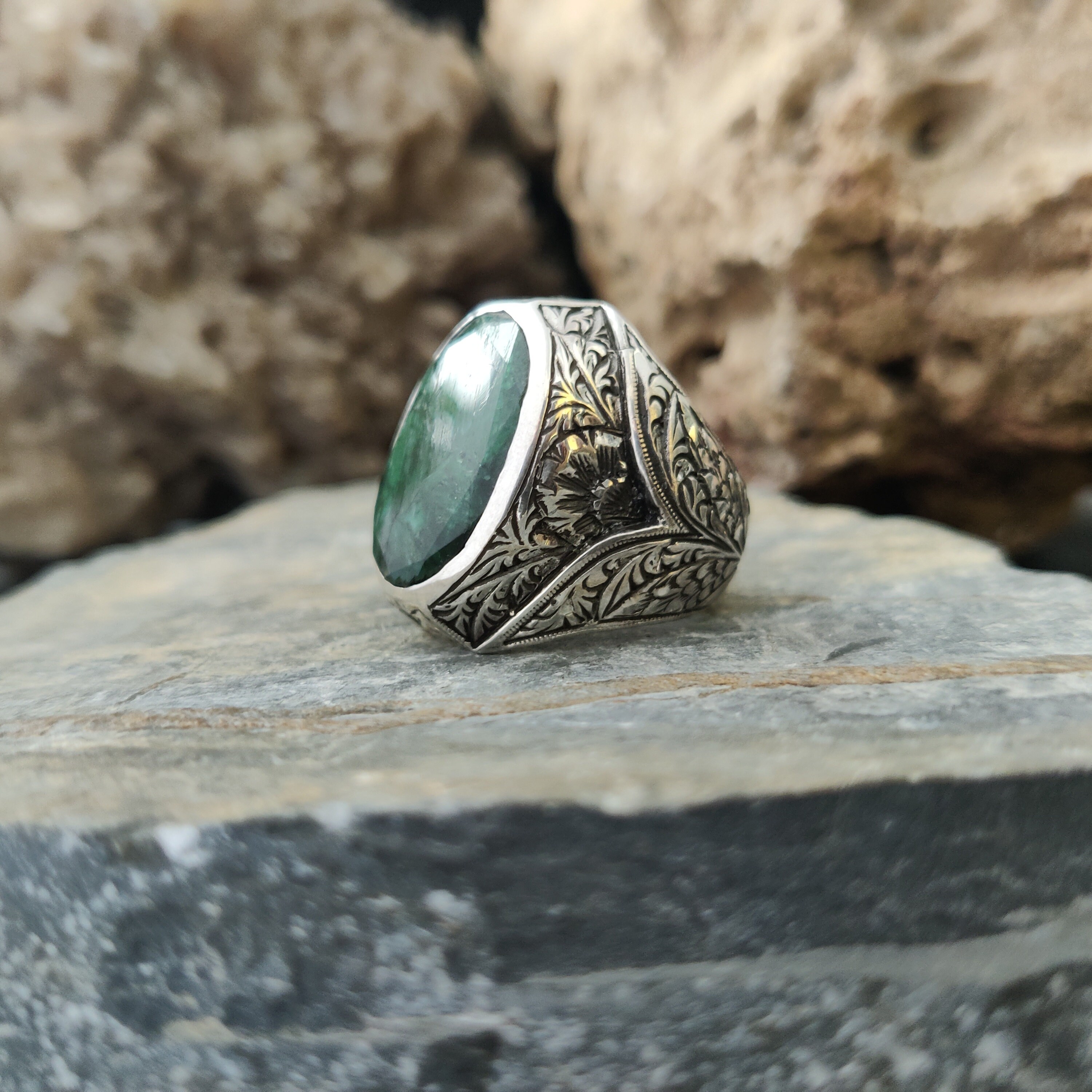 Heavy Emerald Gemstone Silver Ring, Engraved Emerald Ring, Big Gemstone ...