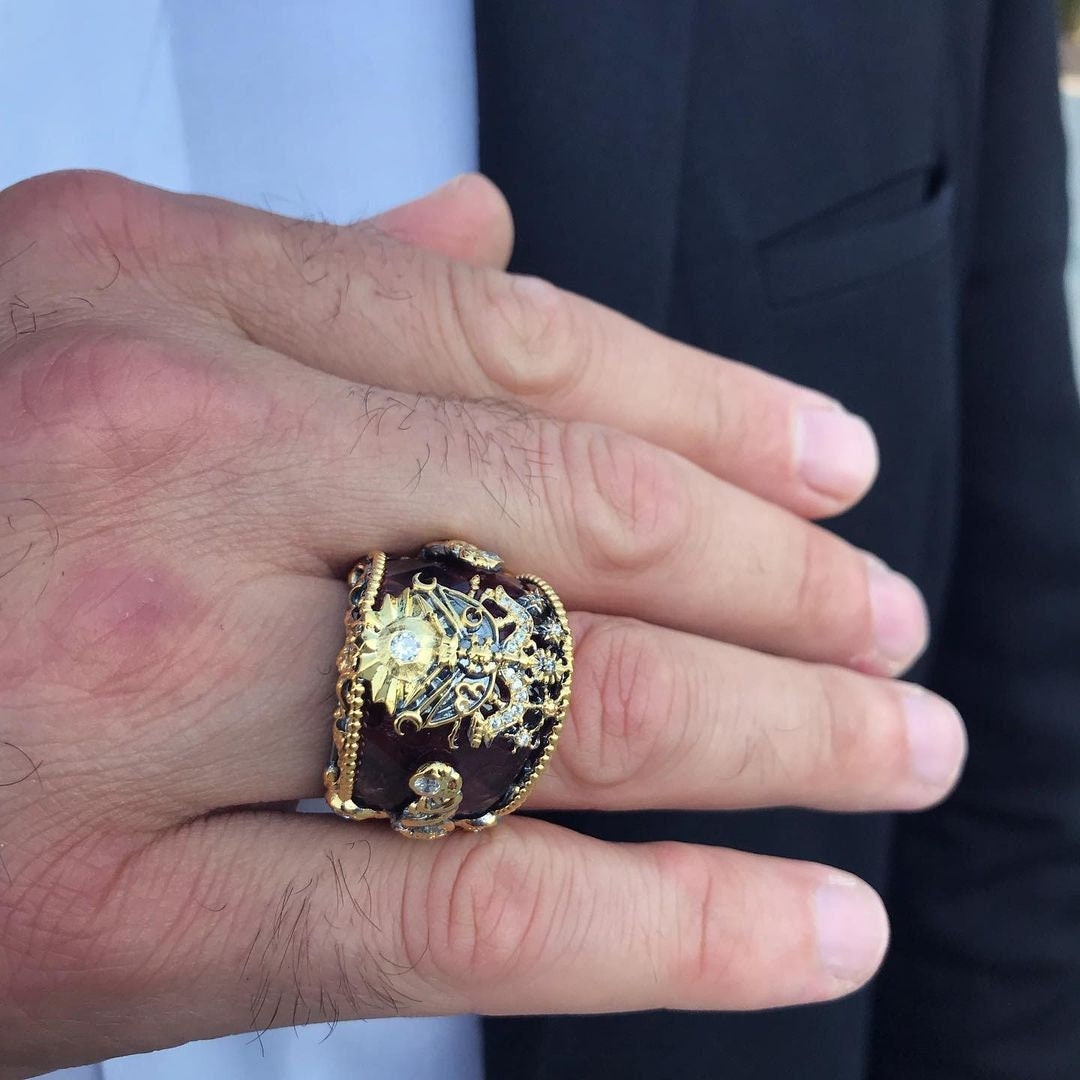 Magnificent Ottoman Coat Silver Ring, Unique Faceted Gemstone Seal Ring ...