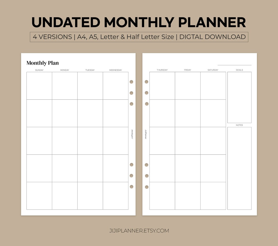 Printable Undated Monthly Planner on Two Pages, Monthly Calendar ...