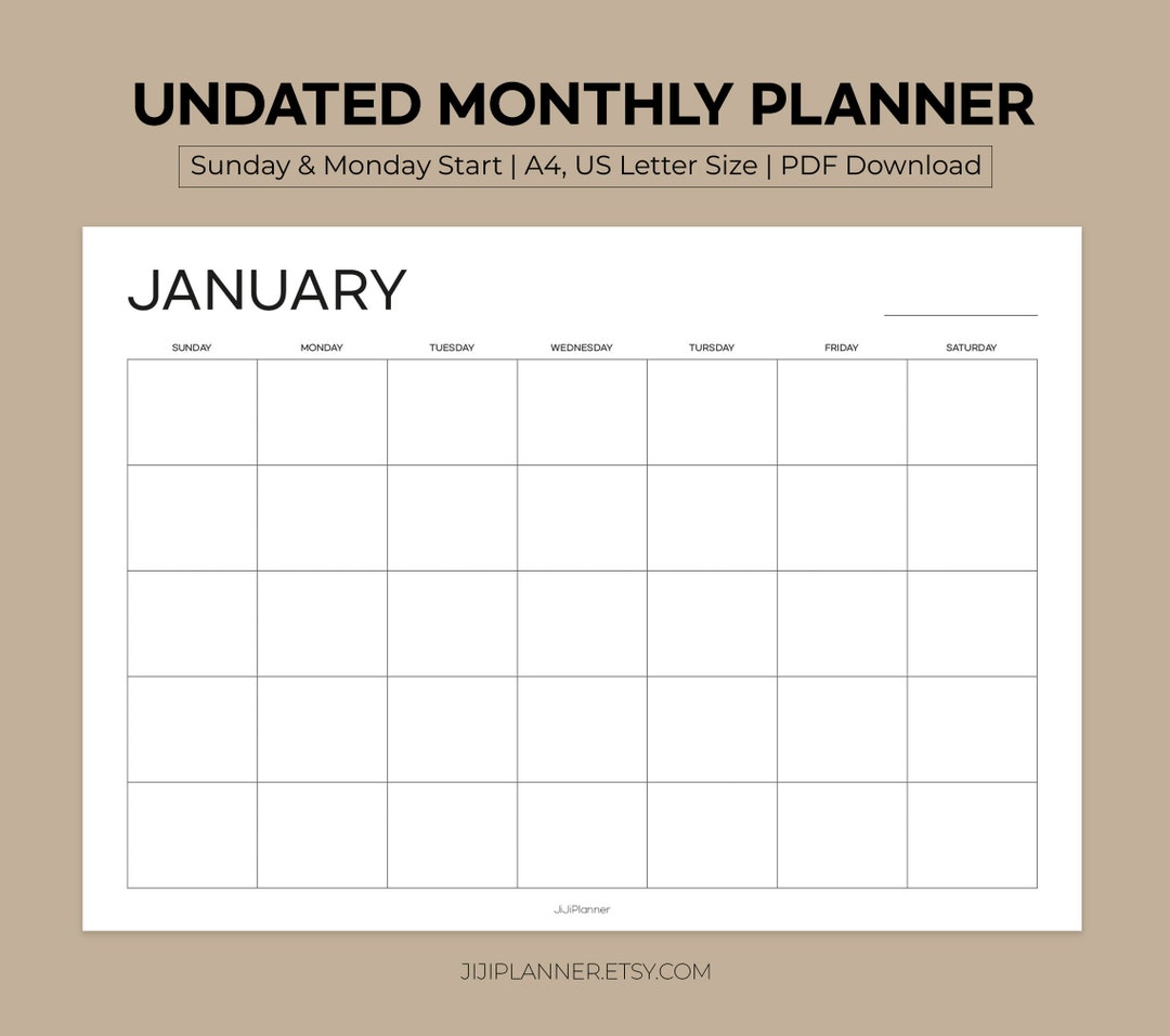 Undated Monthly Planner, Printable Blank Monthly Calendar Template ...