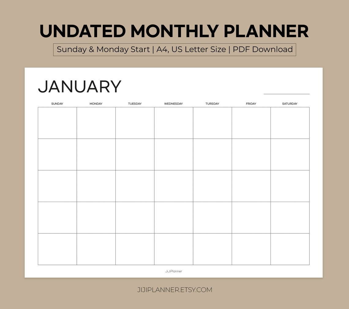 Undated Monthly Planner, Printable Blank Monthly Calendar Template ...