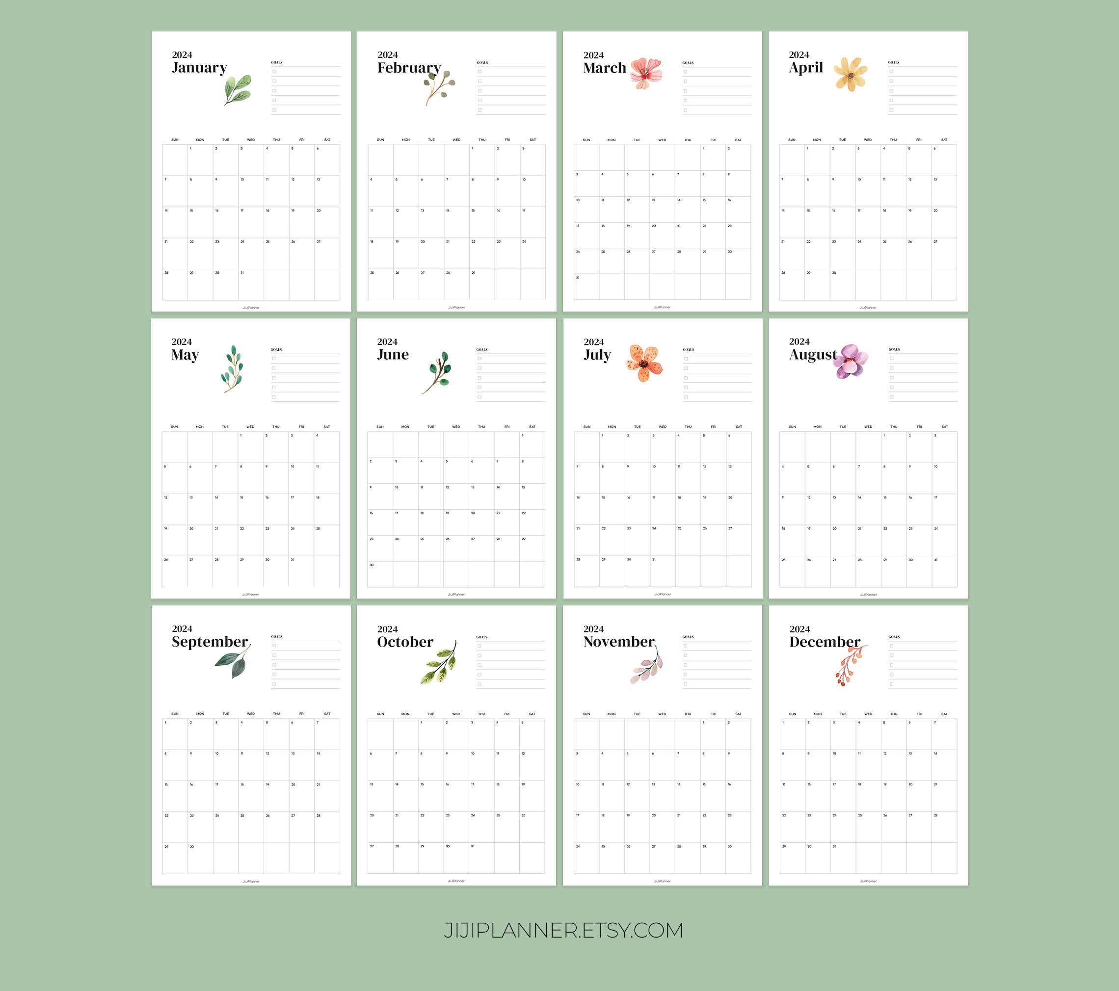 2024 Printable Calendar, Watercolor Minimalist Planner, Dated Monthly ...