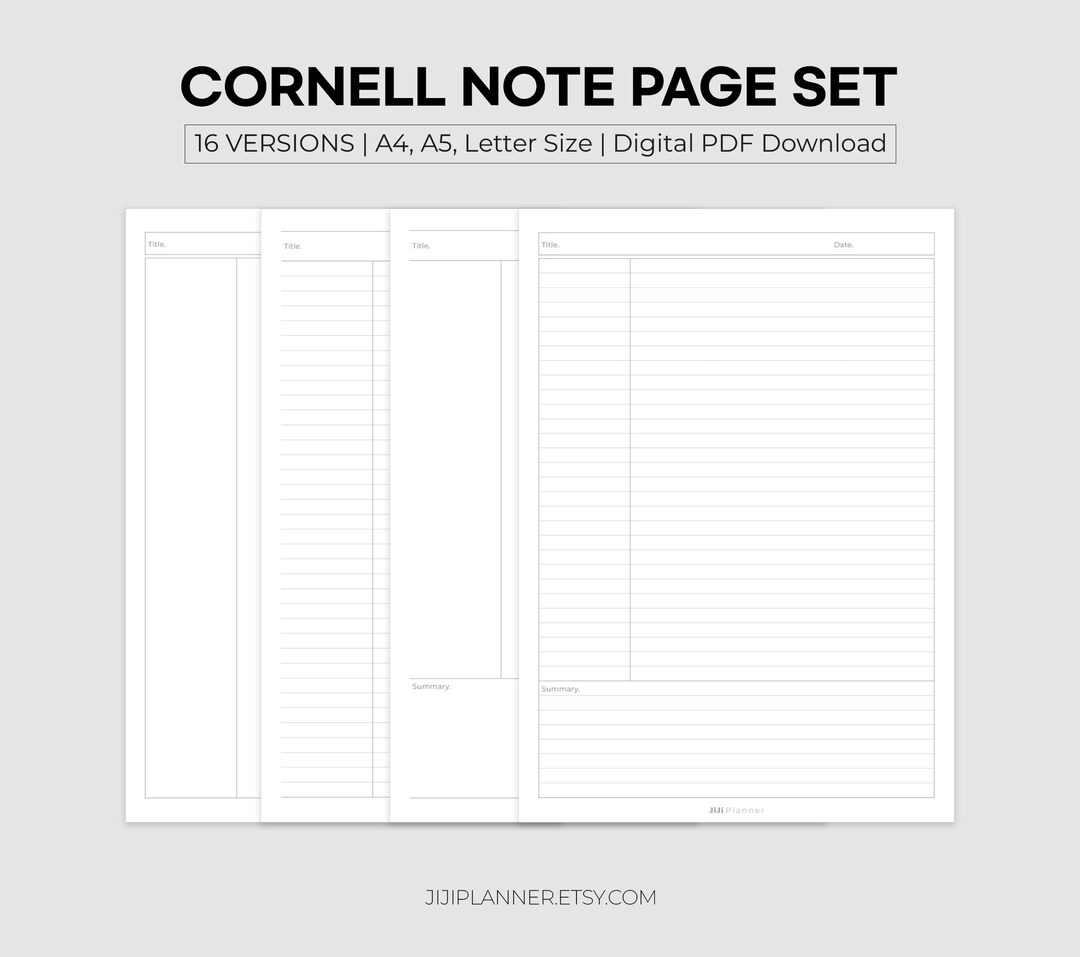 Printable Cornell Note Page Pack, Cornell Method Note-taking Planner ...