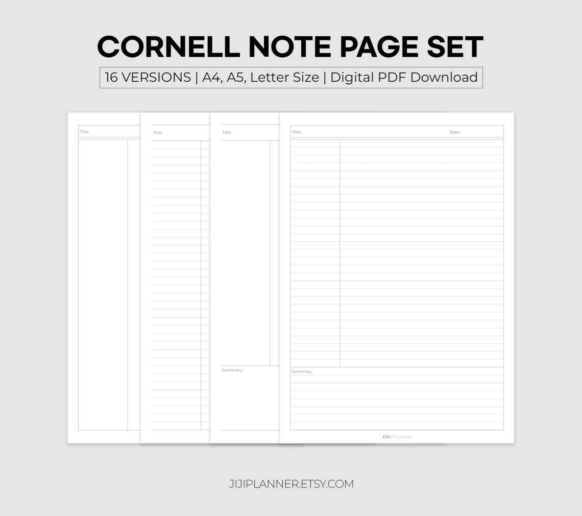Printable Cornell Note Page Pack, Cornell Method Note-taking Planner ...