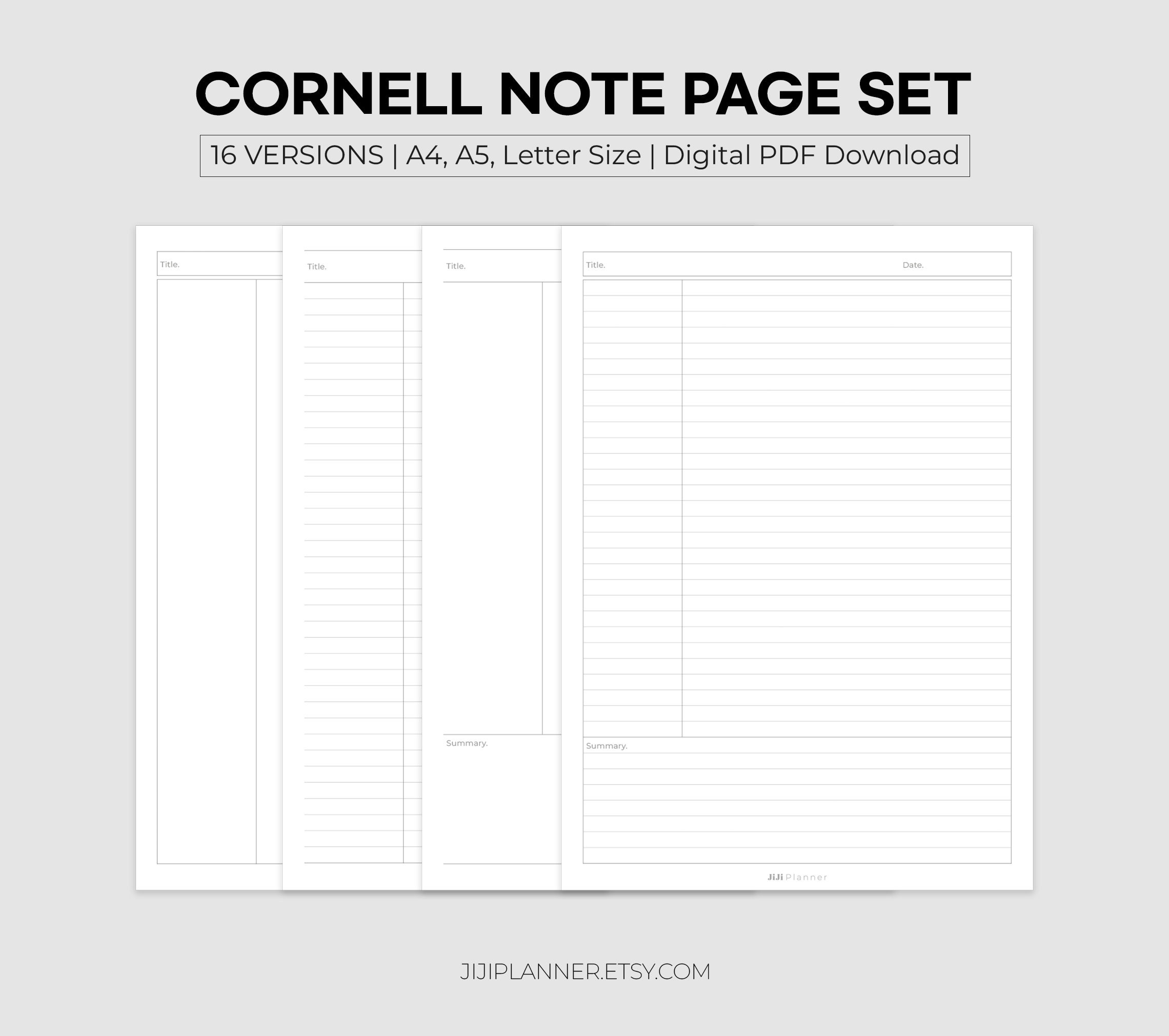 Printable Cornell Note Page Pack, Cornell Method Note-taking Planner ...