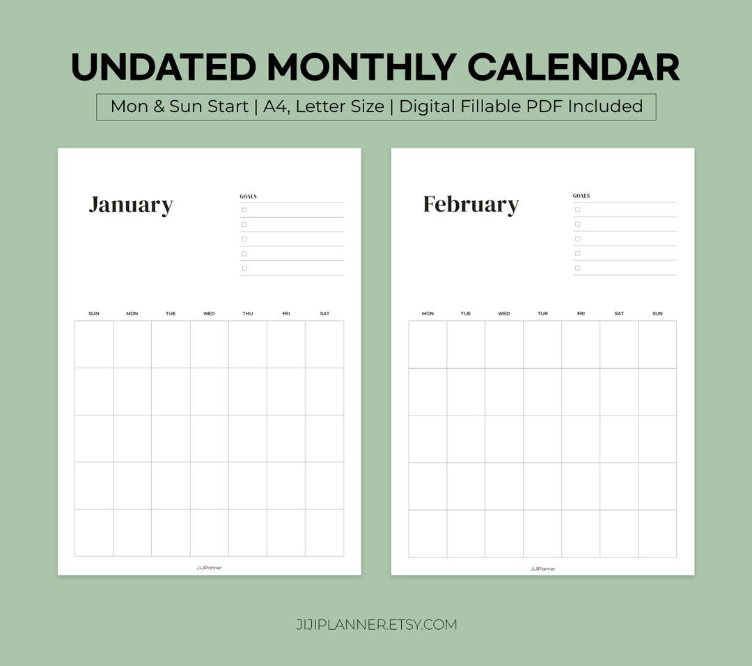 Printable Undated Monthly Calendar, Minimal Template, Wall Calendar ...
