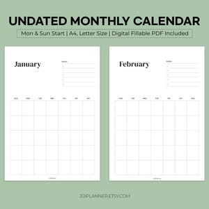 Printable Undated Monthly Calendar, Minimal Template, Wall Calendar ...