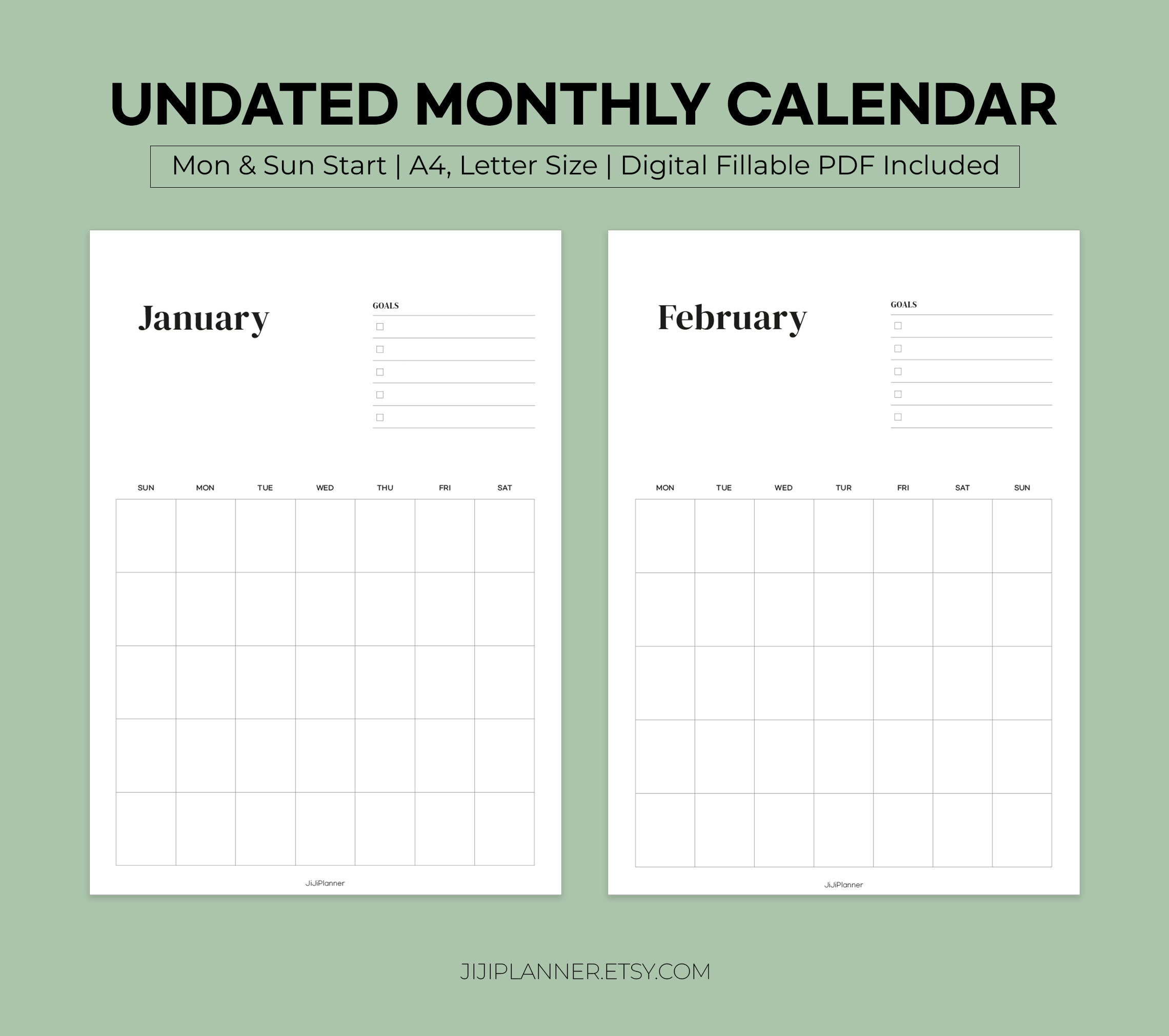 Printable Undated Monthly Calendar, Minimal Template, Wall Calendar ...