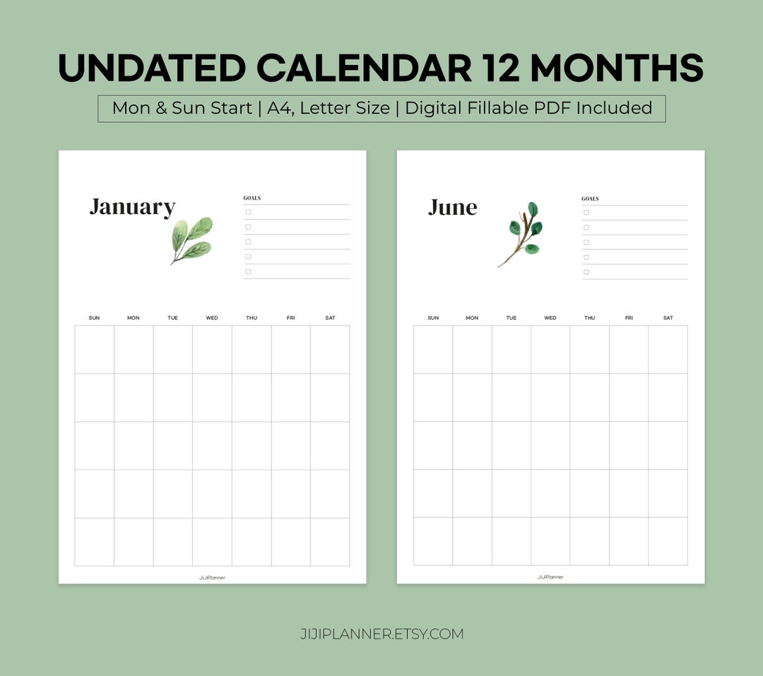 Floral Undated Calendar: Watercolor Greenery Design (fillable PDF) - Etsy