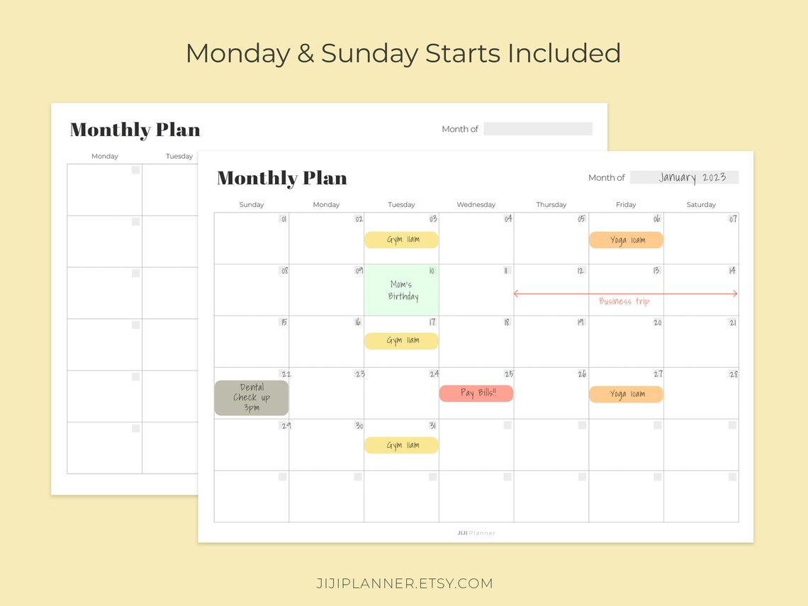 Undated Monthly Planner Printable Blank Monthly Calendar - Etsy