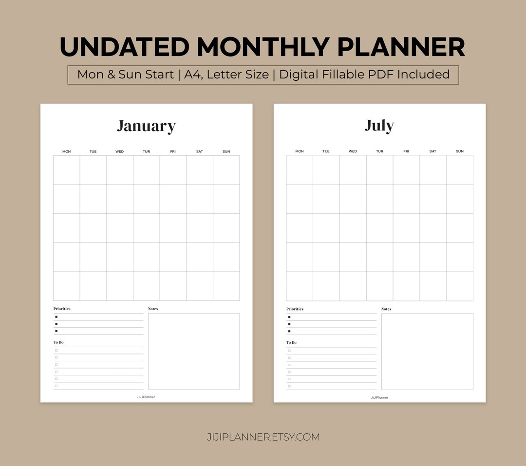 Printable Undated Monthly Planner: Minimalist A4/letter (fillable PDF ...