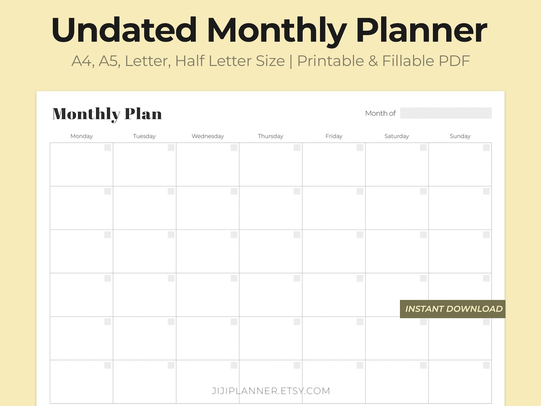 Undated Monthly Planner Printable Blank Monthly Calendar - Etsy