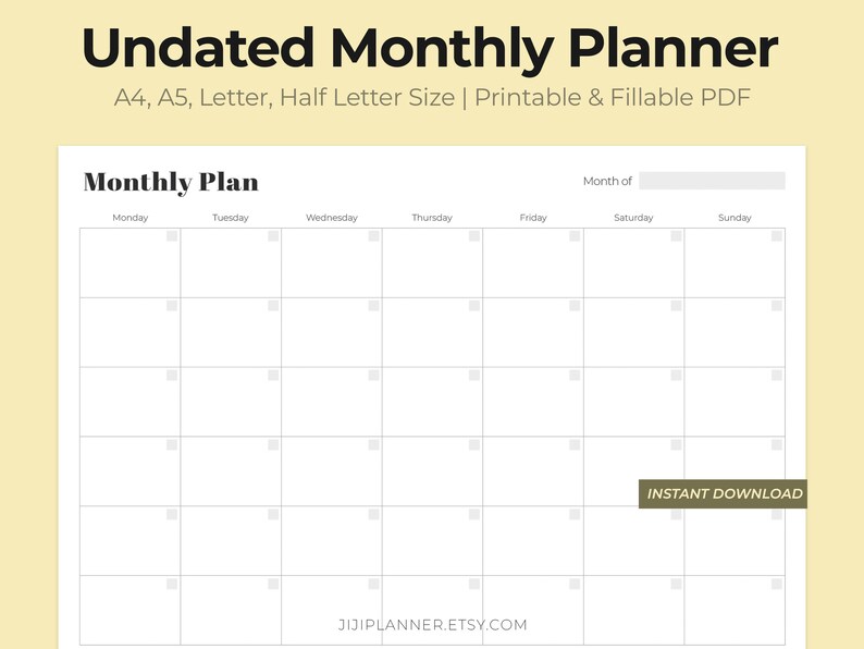 Undated Monthly Planner Printable Blank Monthly Calendar - Etsy