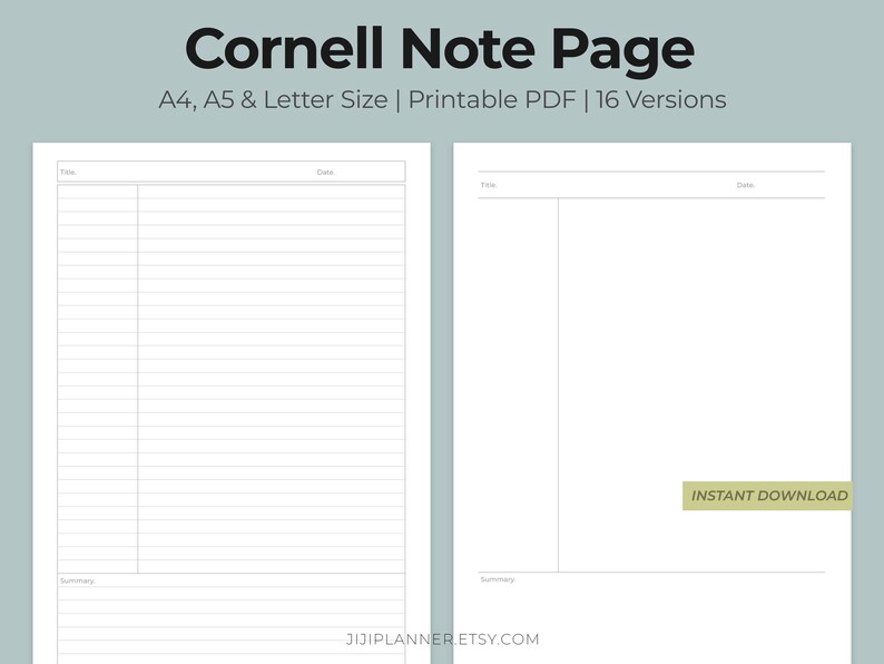 Printable Cornell Note Page Pack Cornell Method Note-taking - Etsy