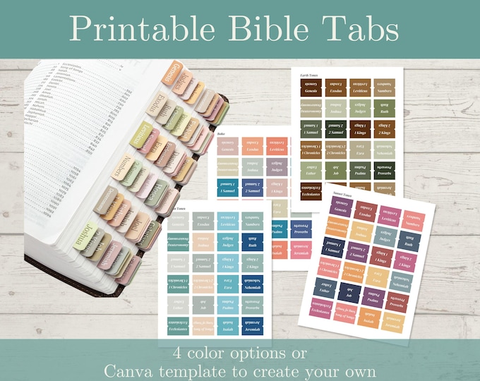 Printable Bible Tabs, 4 Color Palates or Canva Template to Create Your ...