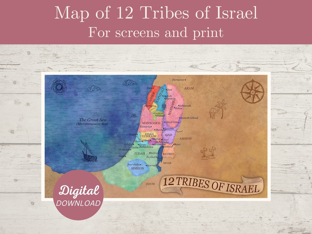 Biblical Map of 12 Tribes of Israel for Screens, Bible Map, Old ...
