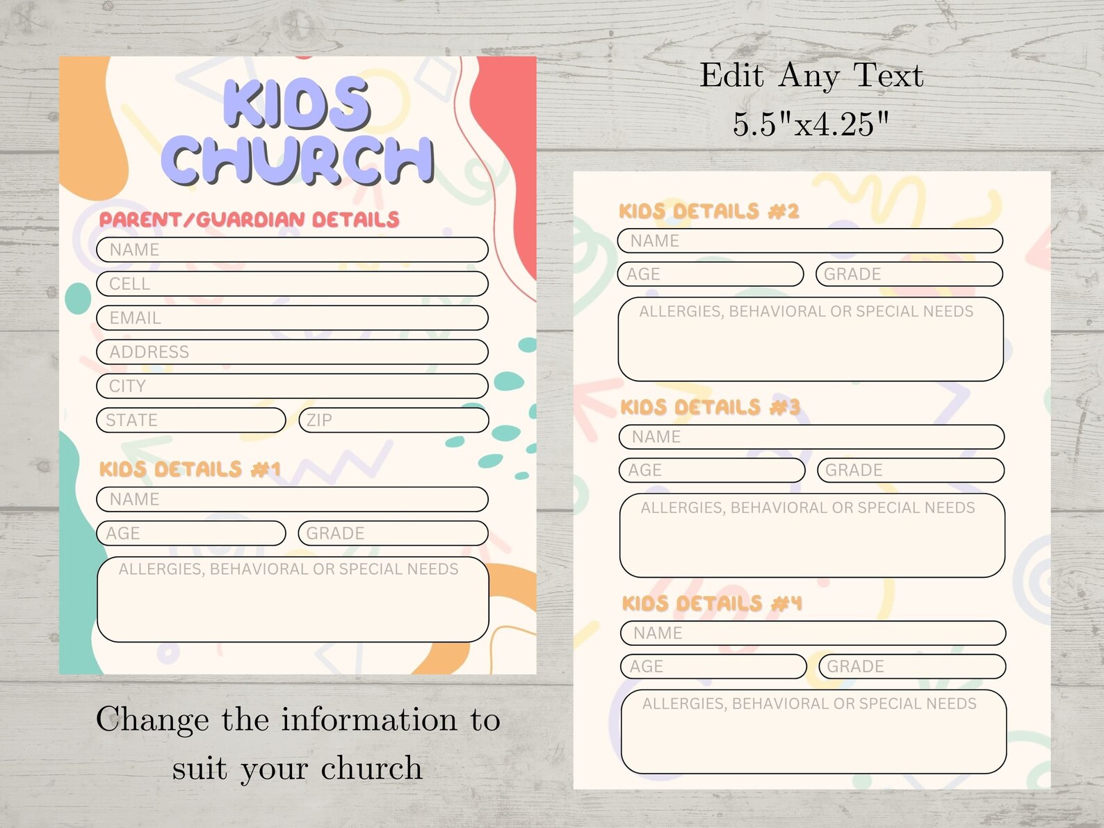 Kids Church Connection Card: Ministry Registration Form (canva Template ...