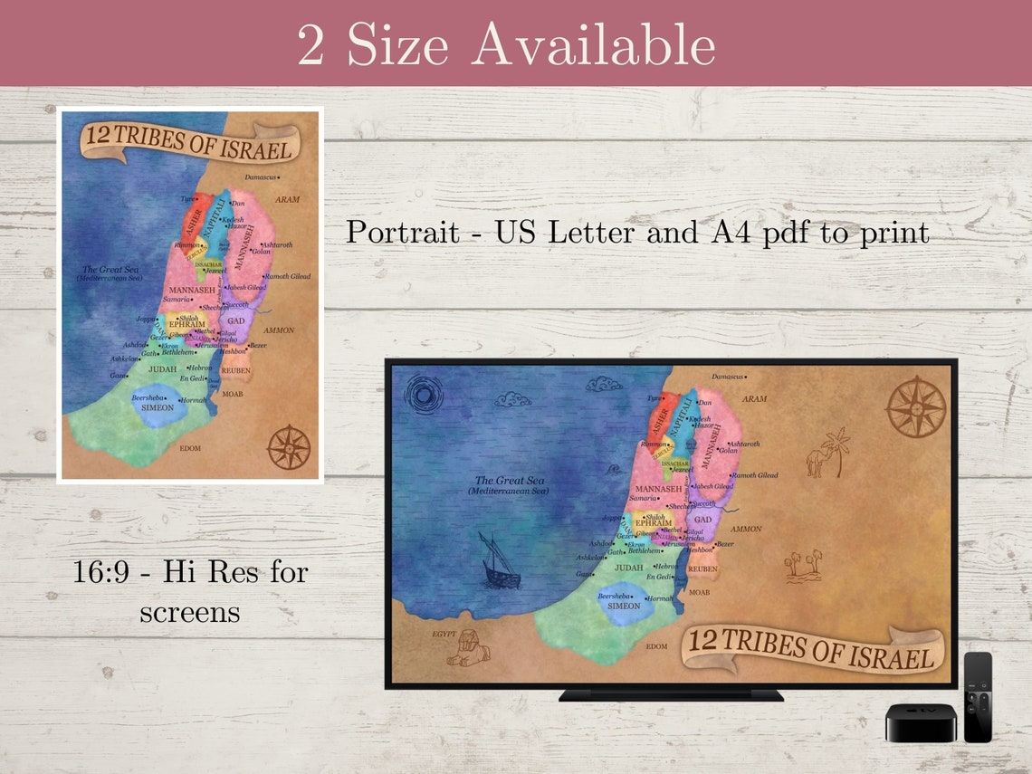 Biblical Map of 12 Tribes of Israel for Screens, Bible Map, Old ...