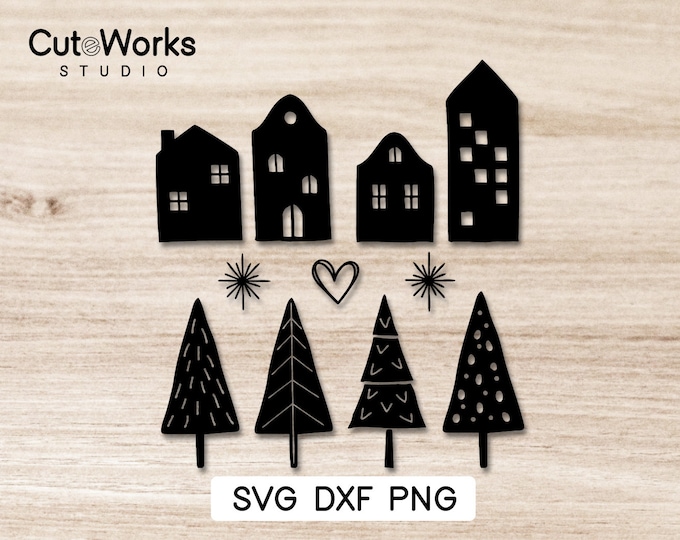 Houses SVG Plotter File House Silhouette Cristmas Tree Cricut File PNG ...