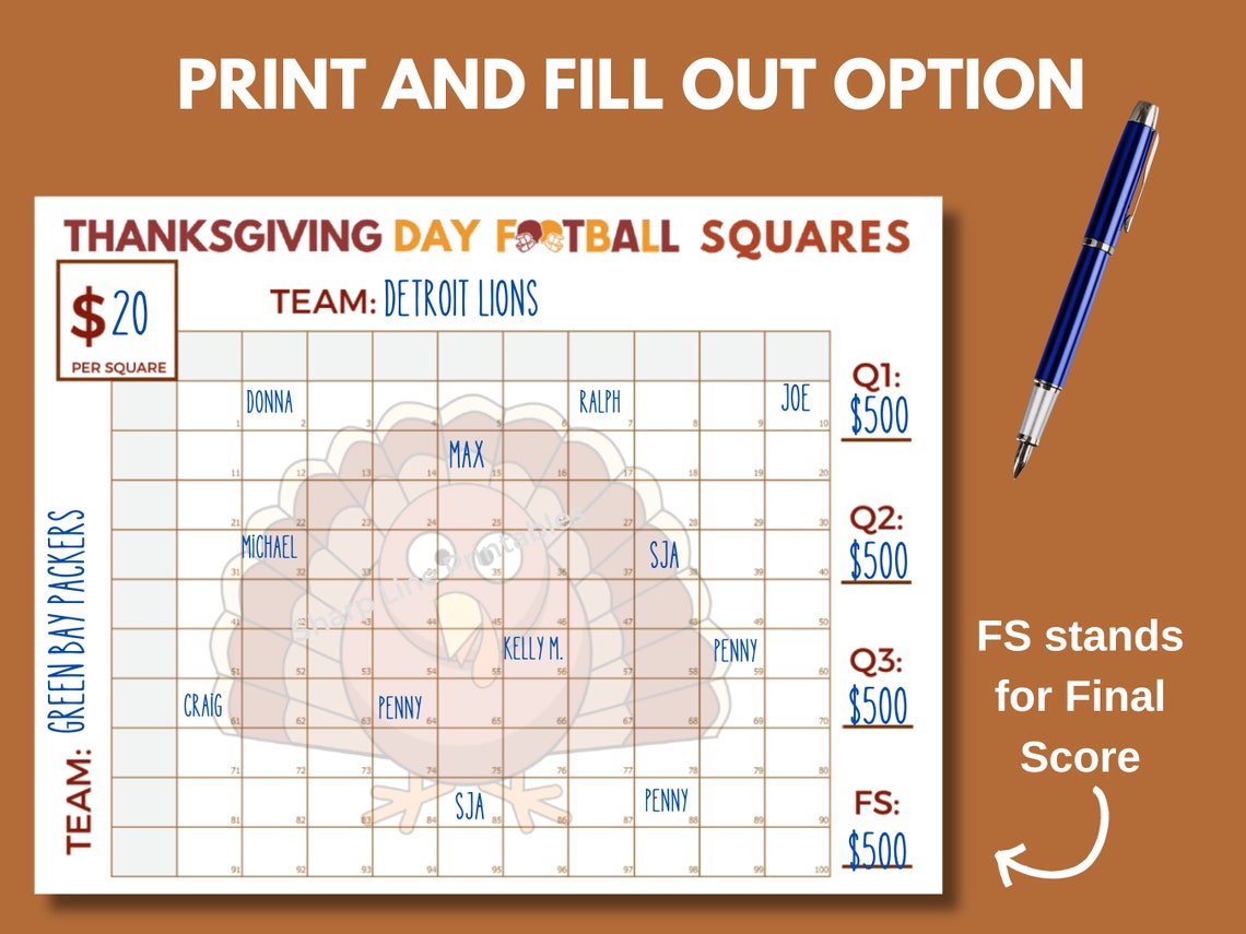 Thanksgiving Football Squares Template: Editable Printable (PDF) - Etsy