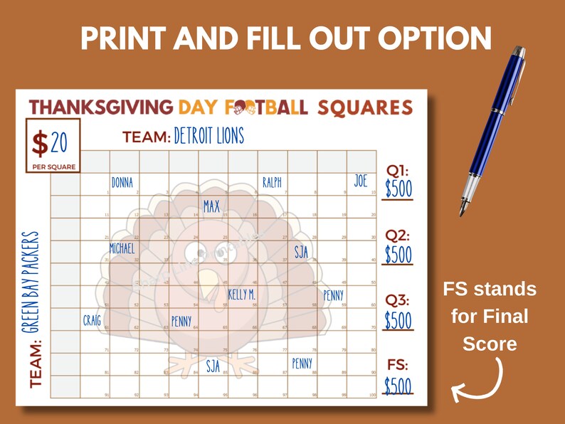 Thanksgiving Football Squares Template: Editable Printable (PDF) - Etsy