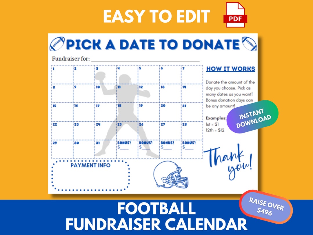 Editable Football Fundraiser Calendar | Pick a Date to Donate PDF | Fun ...