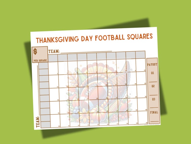 Thanksgiving Football Squares Game: 50 Numbered Squares (printable PDF ...
