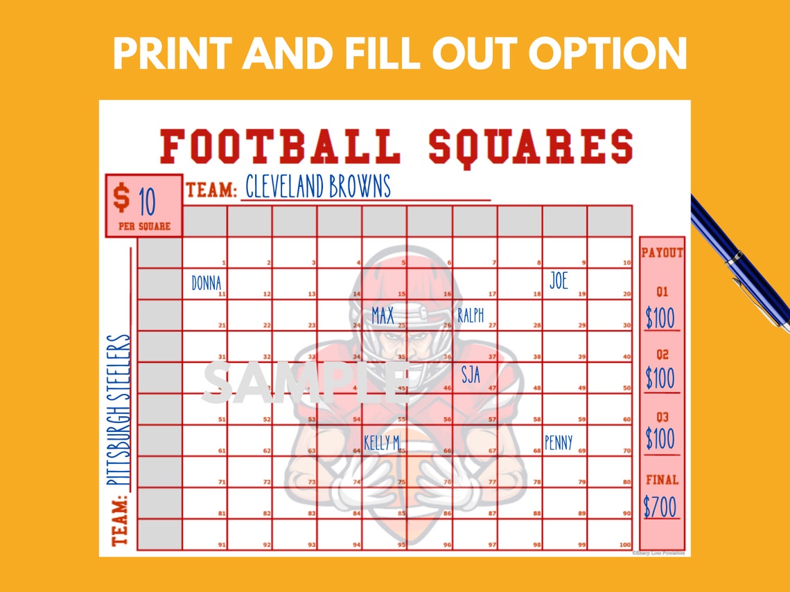 Editable Football Squares Game PDF Numbered Grids for Football Bets ...