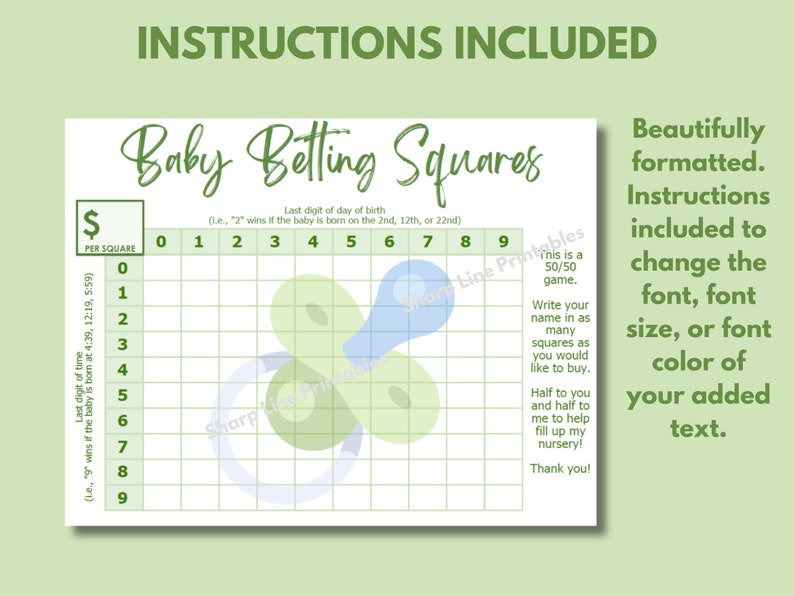 Customizable Baby Prediction Betting Squares, Printable Baby Pool Game ...