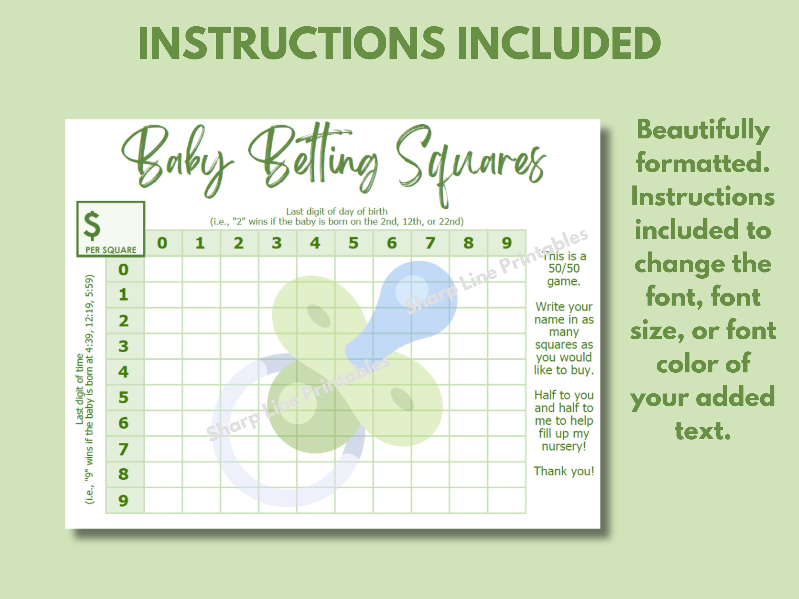Customizable Baby Prediction Betting Squares, Printable Baby Pool Game ...