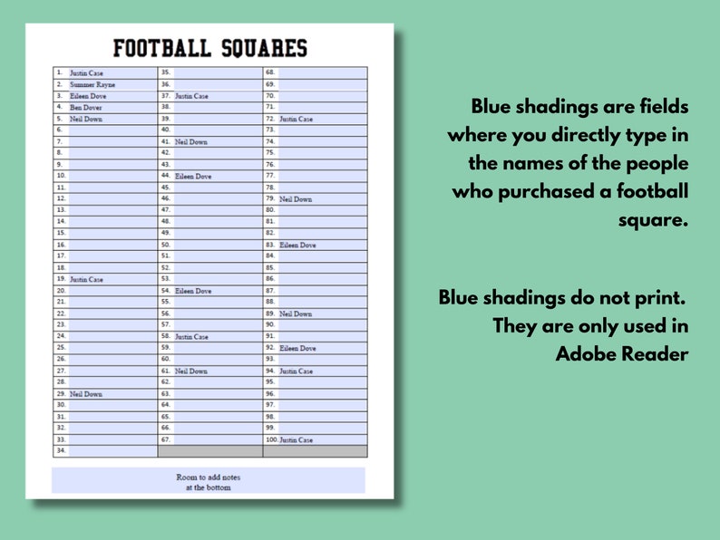 Football Squares Tracking Sheet: 100 Editable Spaces (fillable PDF) - Etsy
