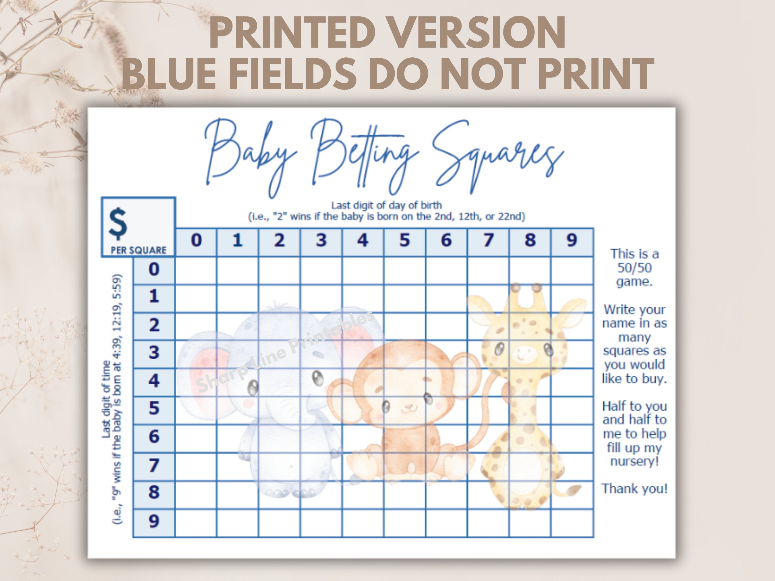 Blue Baby Animals Baby Betting Squares Editable Baby Shower Game ...
