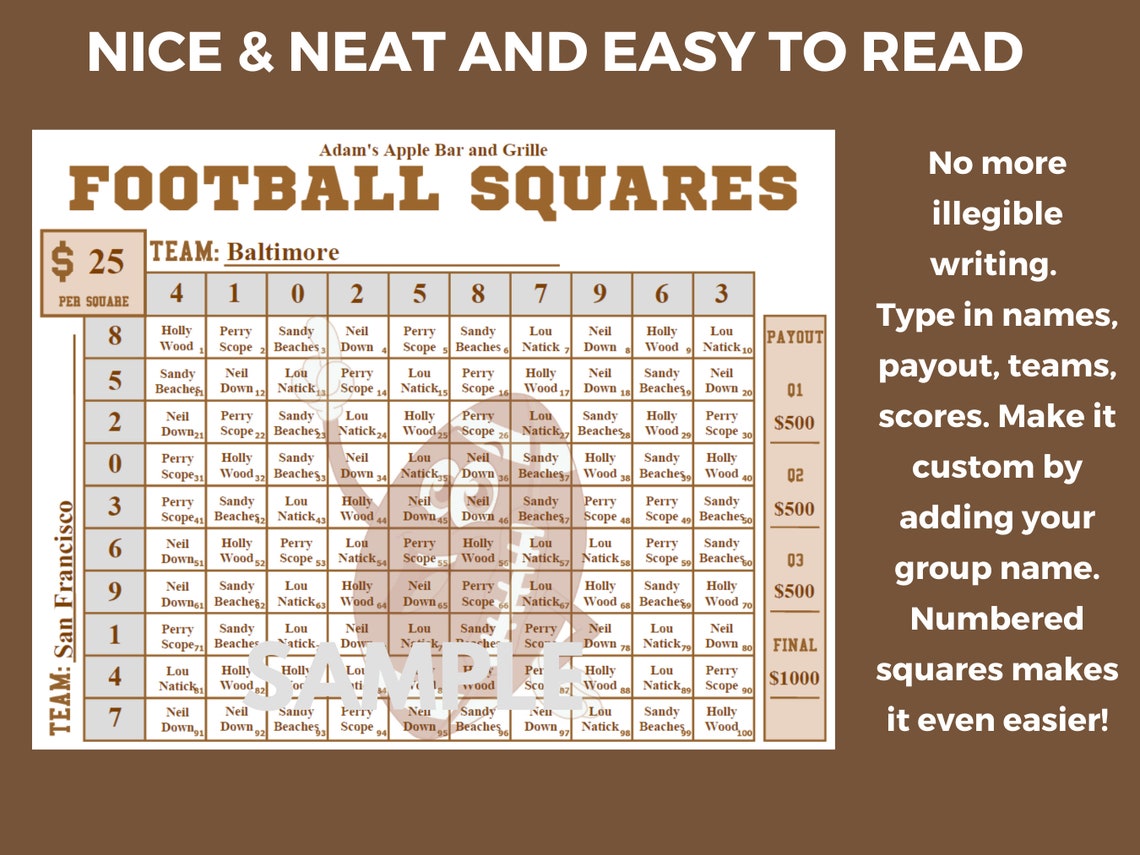 Editable Football Squares Template Printable Editable PDF Football ...