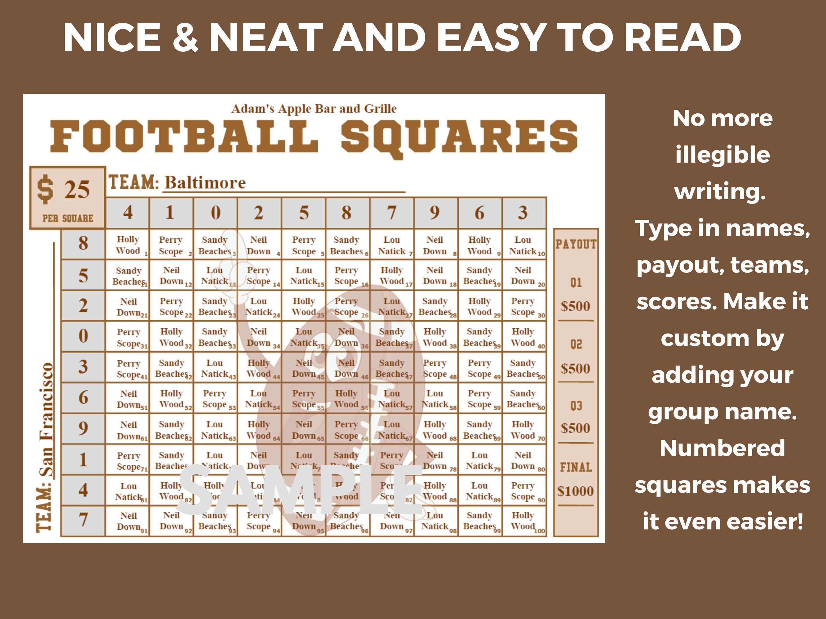 Editable Football Squares Template Printable Editable PDF Football ...