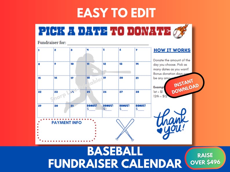 Editable Baseball Fundraiser Calendar - Pick a Date to Donate! Easy PDF ...