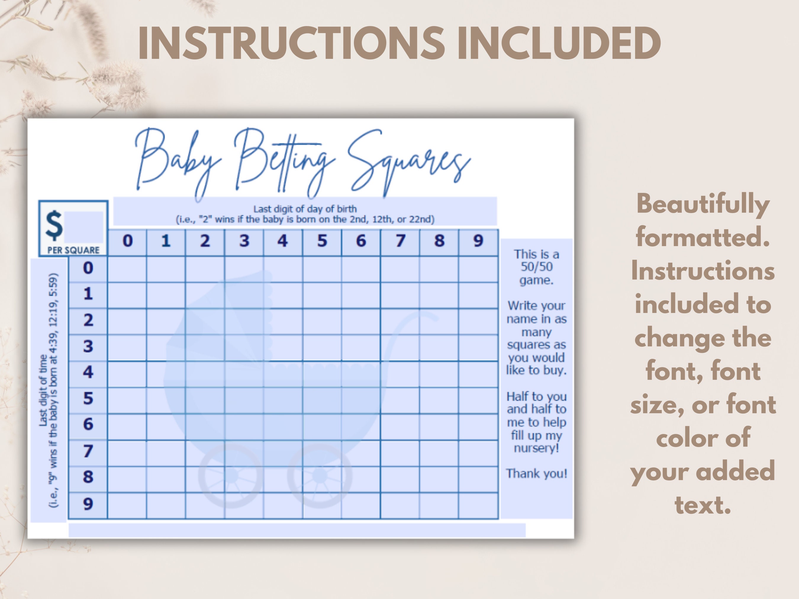 Baby Shower Game: Betting Squares, Due Date Prediction (printable ...