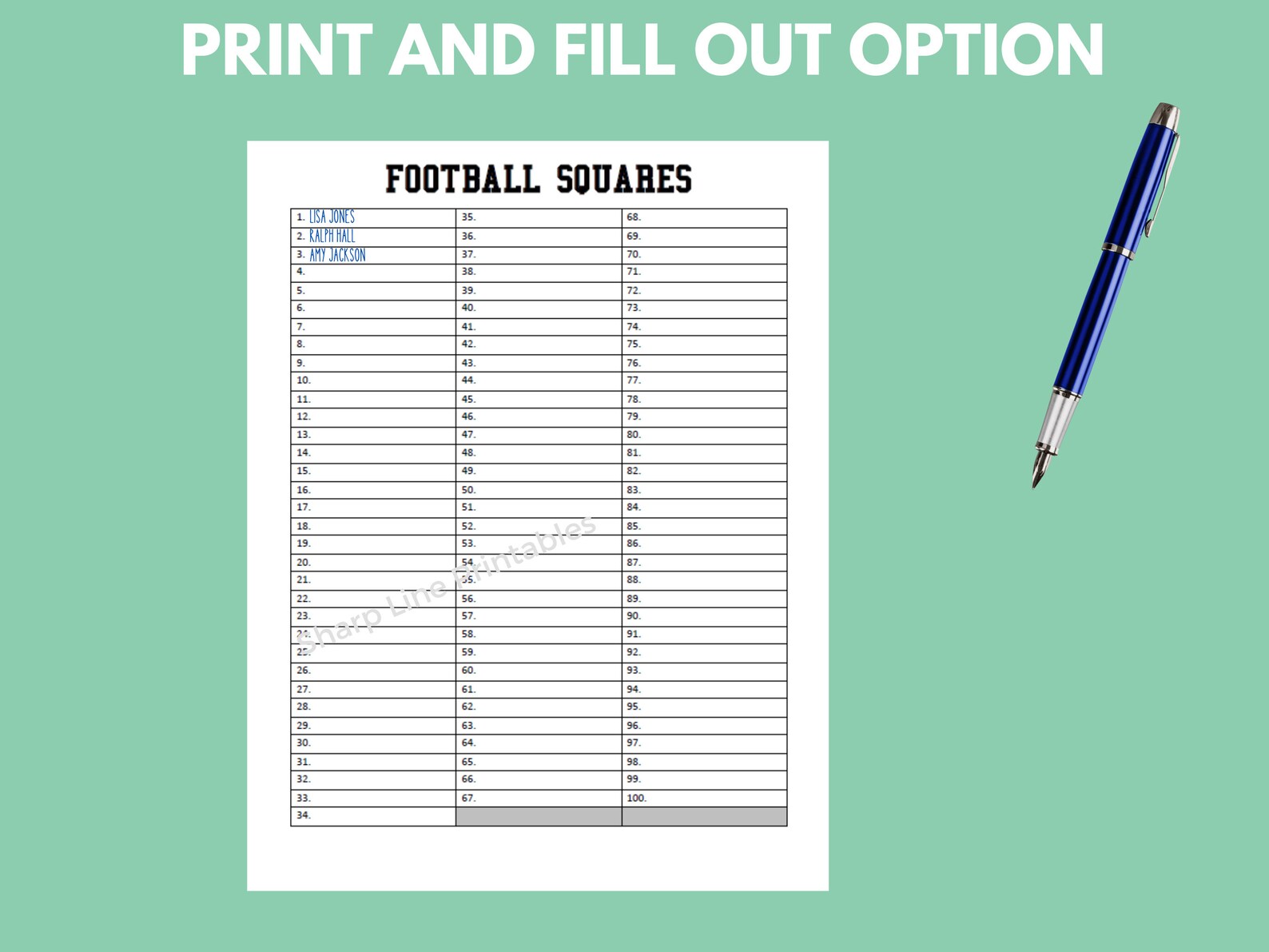 Football Squares Tracking Sheet: 100 Editable Spaces (fillable PDF) - Etsy