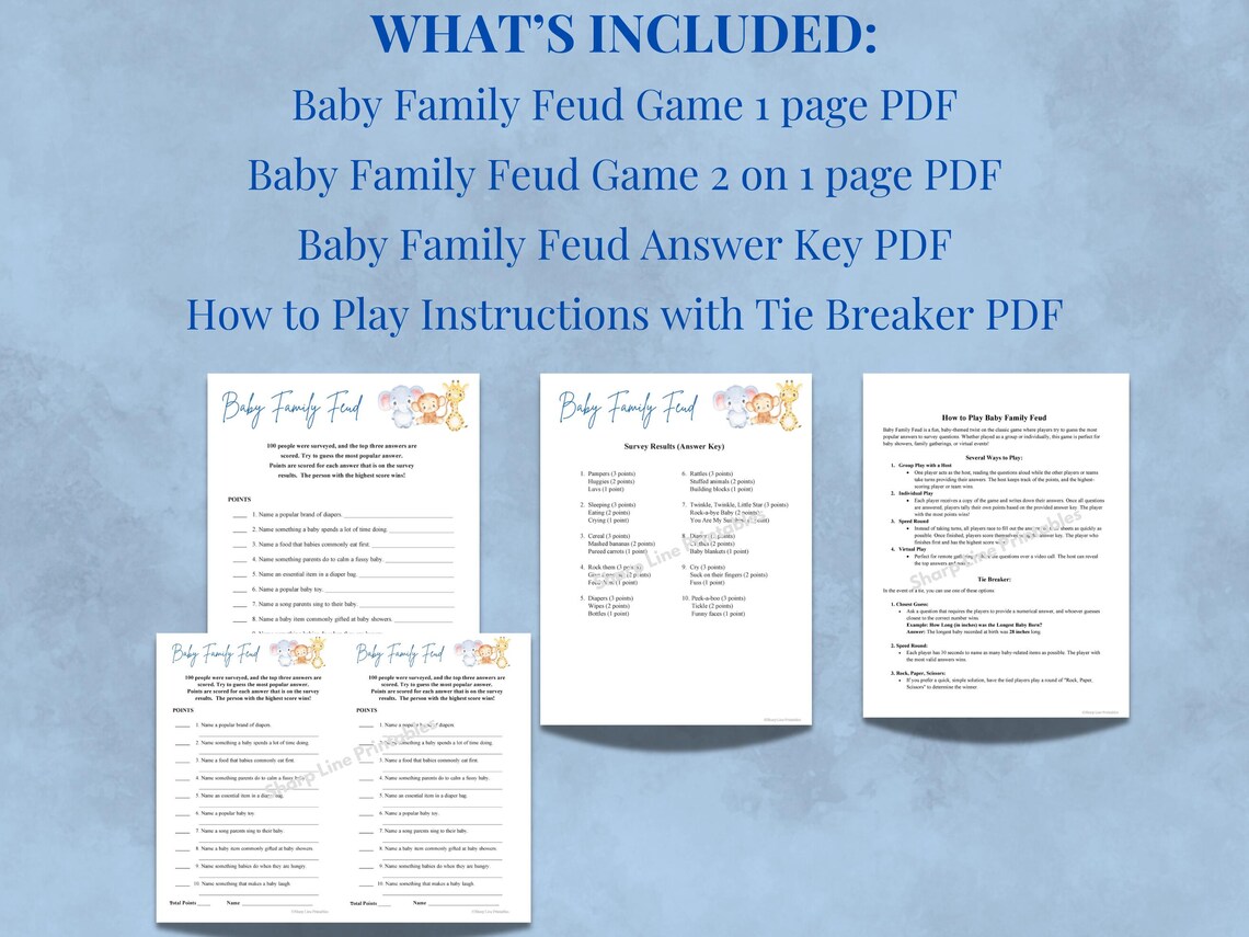 Blue Baby Animal Family Feud Game: Printable Baby Shower Activity (PDF ...