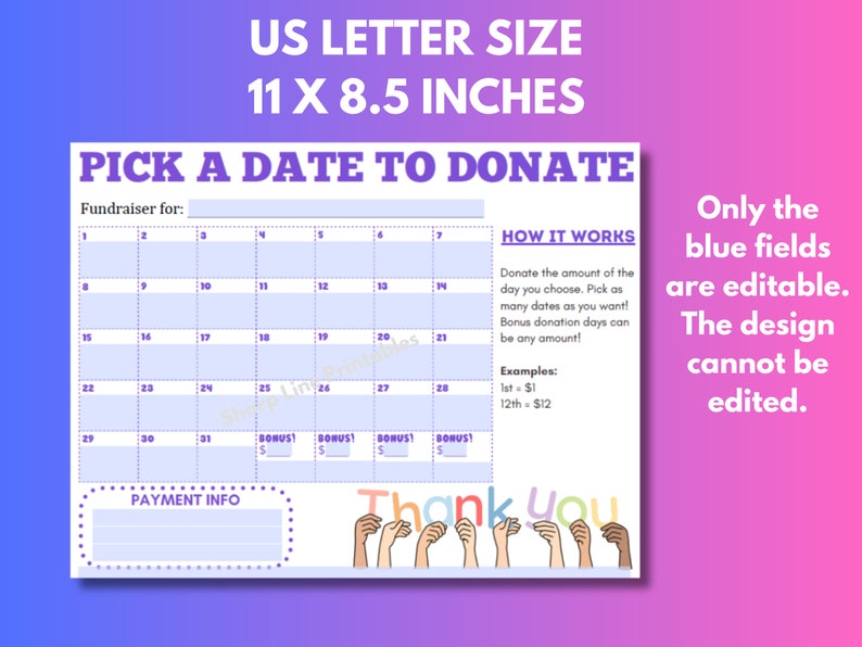 Fundraiser Calendar, All Purpose Pick a Date to Donate, Editable PDF ...