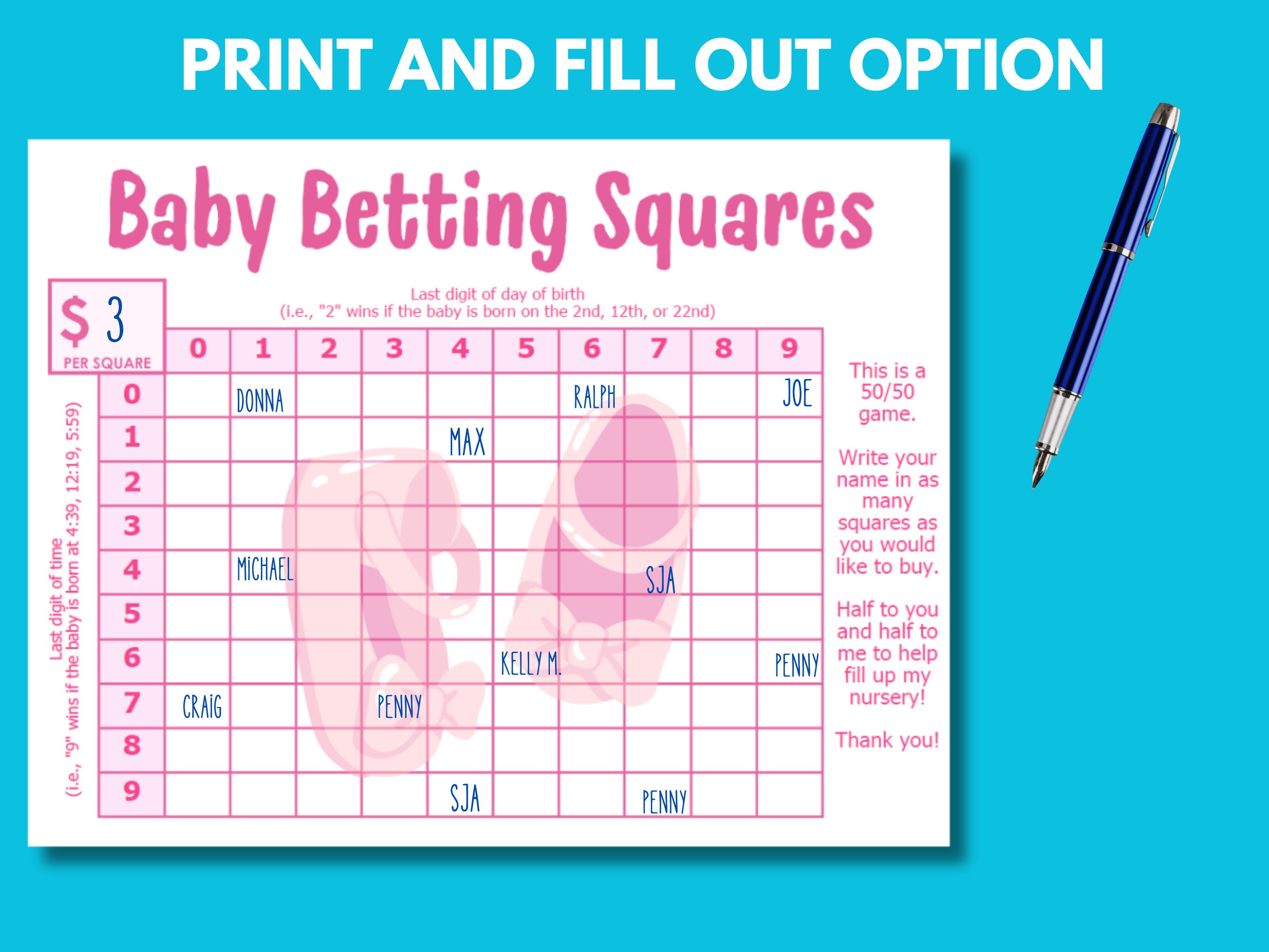 Girl Baby Shower Betting Squares Game: Prediction Pool (printable PDF ...