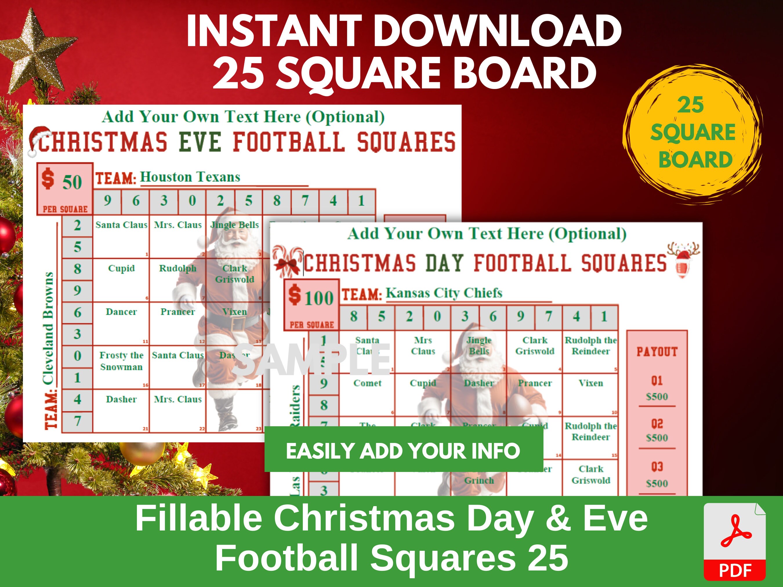 25 Christmas Football Squares Template Printable Editable PDF - Etsy