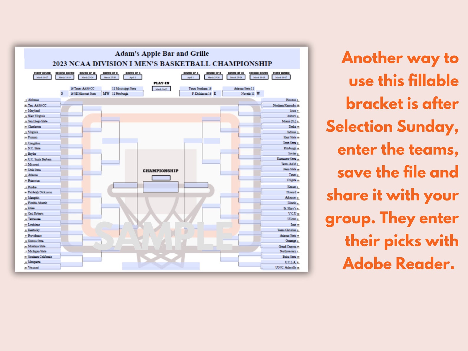 Printable NCAA Basketball Bracket March Madness Template Editable PDF ...