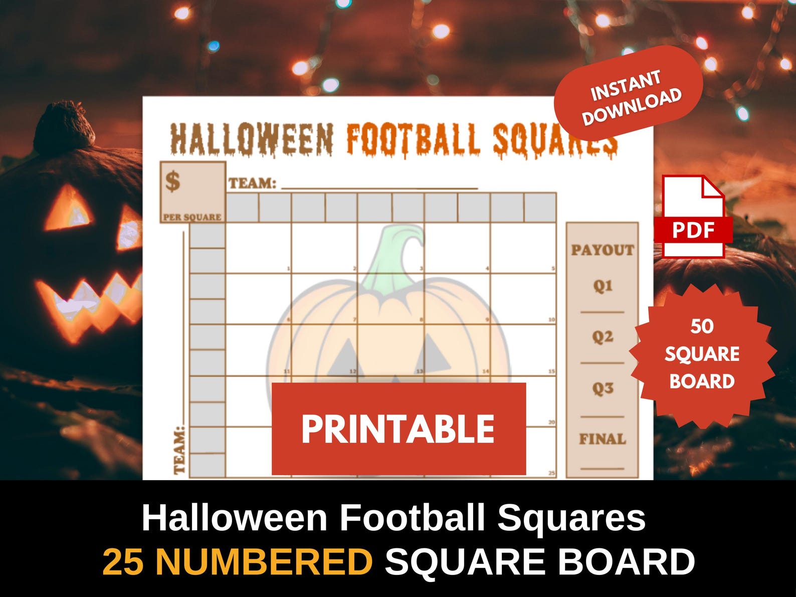 25 Halloween Game Football Squares Printable PDF, 25 Numbered Squares ...