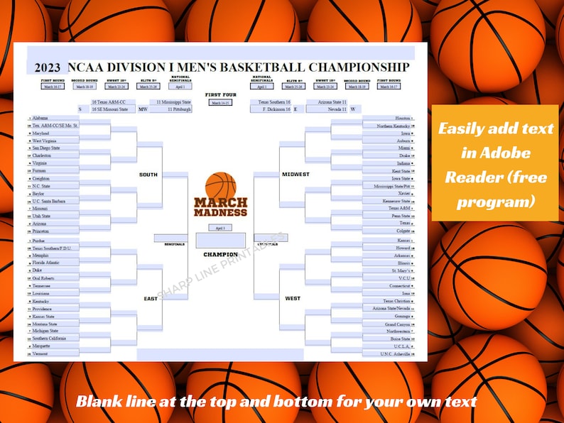 Printable NCAA Basketball Bracket March Madness Template Editable PDF ...