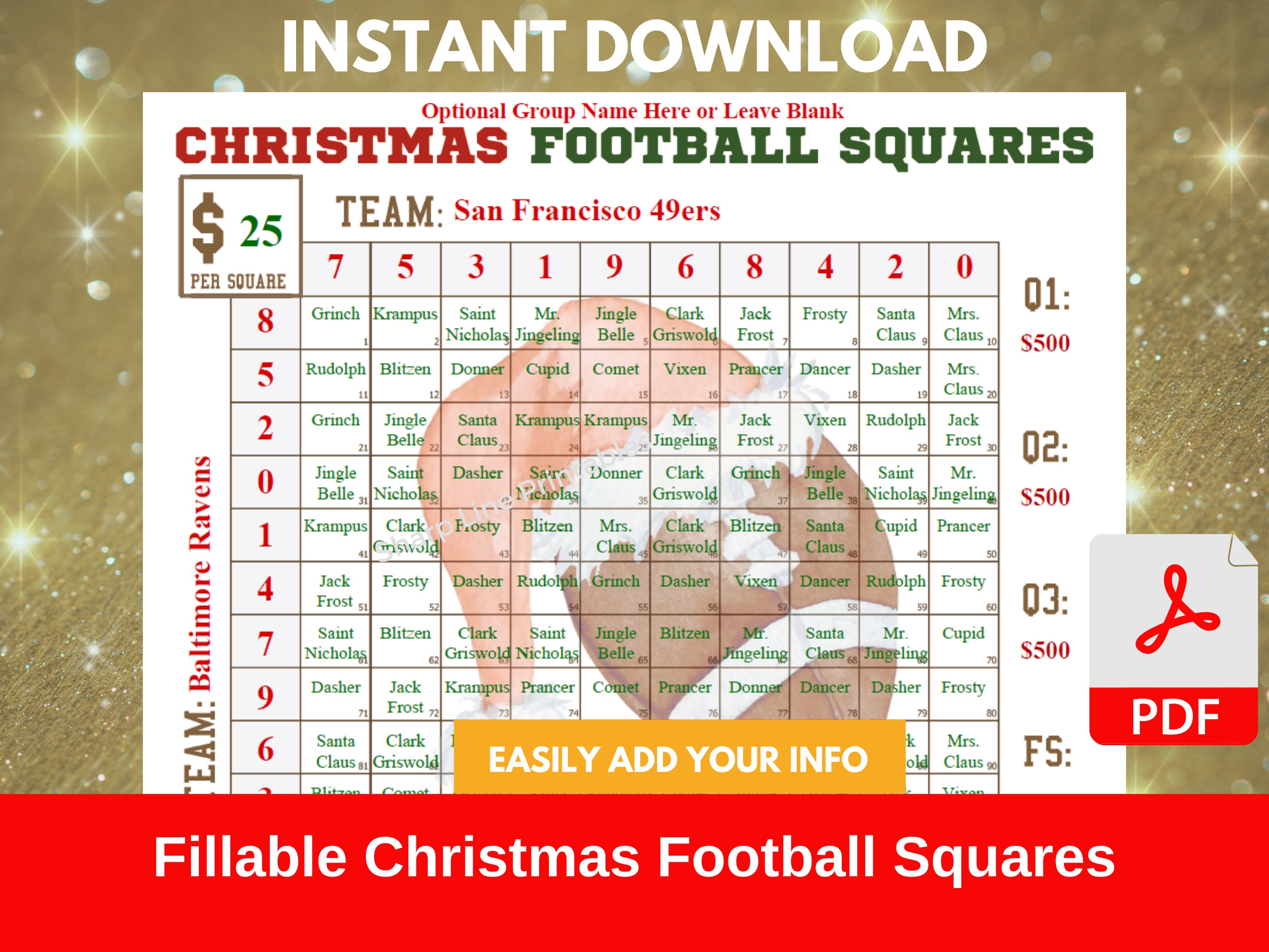 Christmas Football Squares Template: Editable Printable (PDF) - Etsy