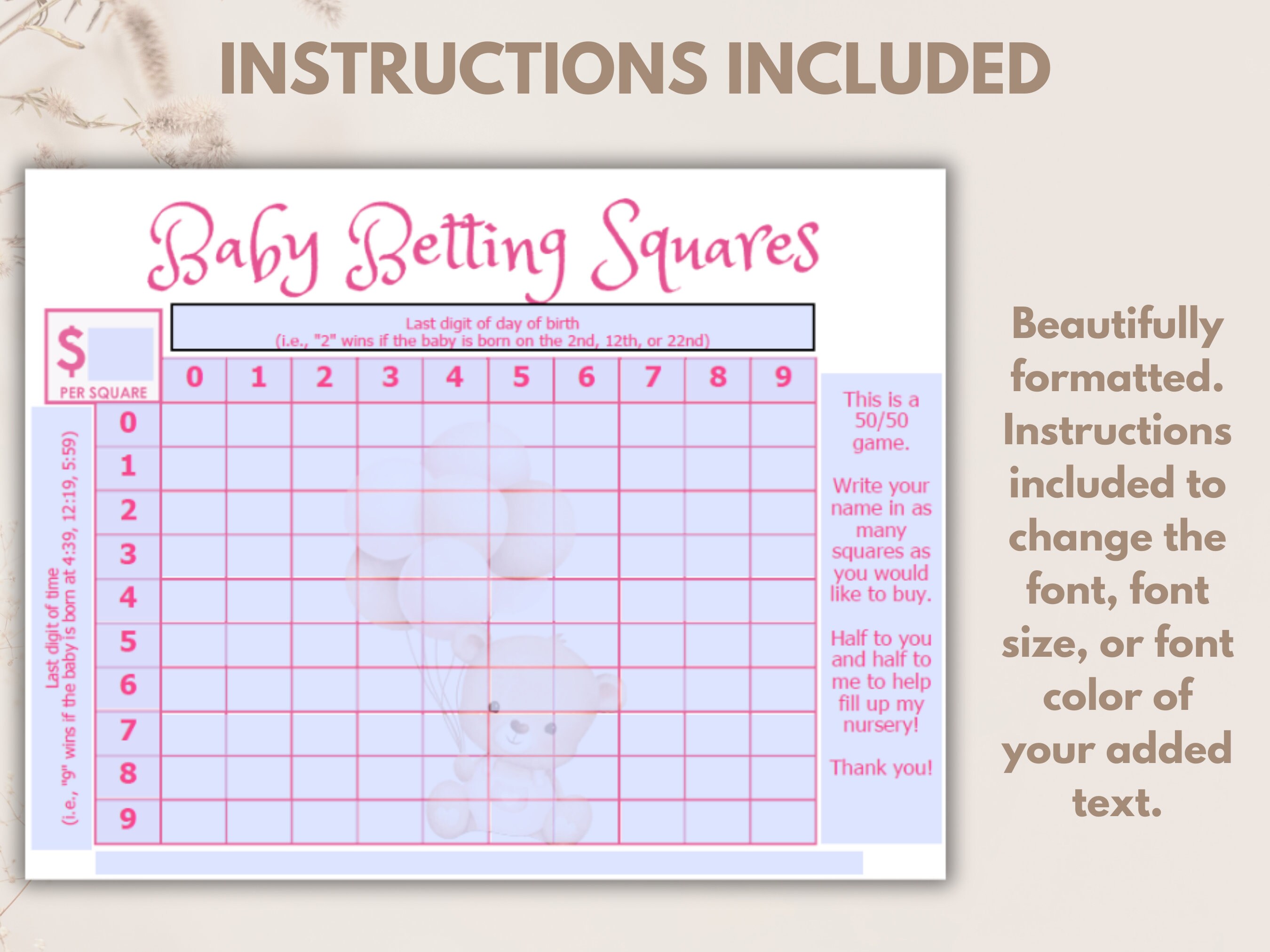 Pink Bear Baby Betting Squares Editable Baby Shower Game Customizable ...