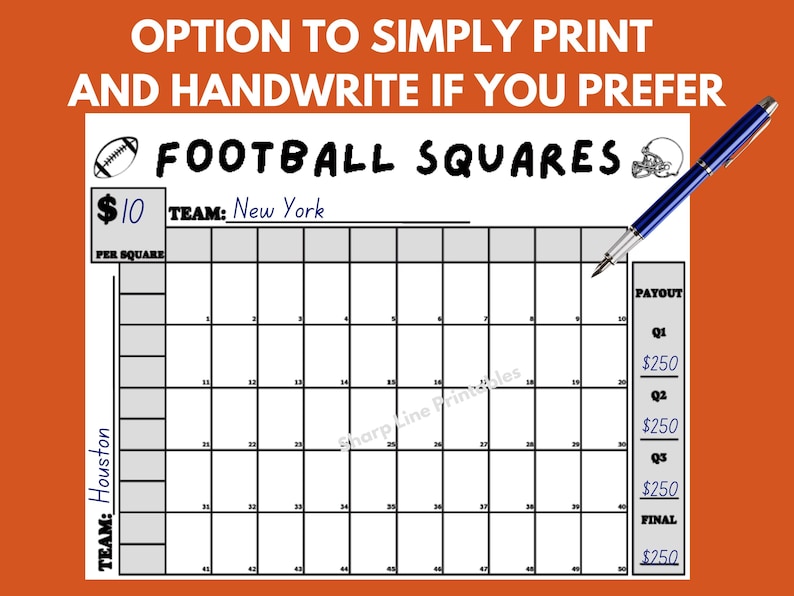 50 Football Squares Printable Editable Football Square Fundraiser ...