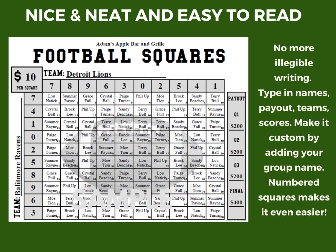 Editable Football Squares Template Printable Editable PDF Football ...