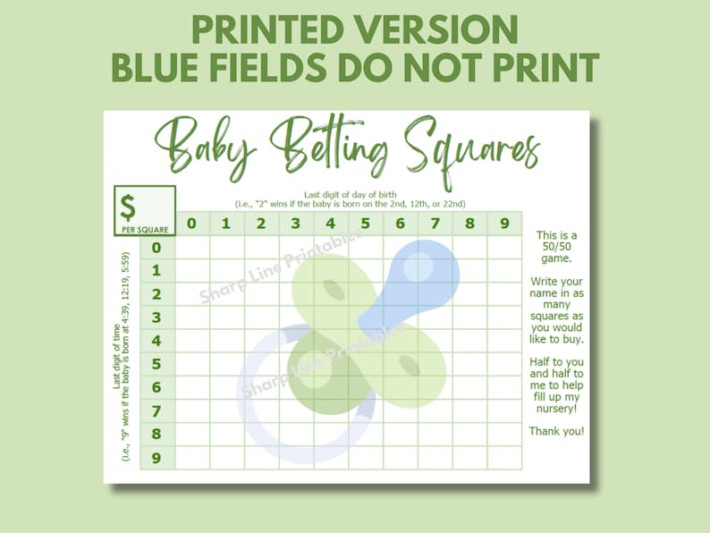 Customizable Baby Prediction Betting Squares, Printable Baby Pool Game ...