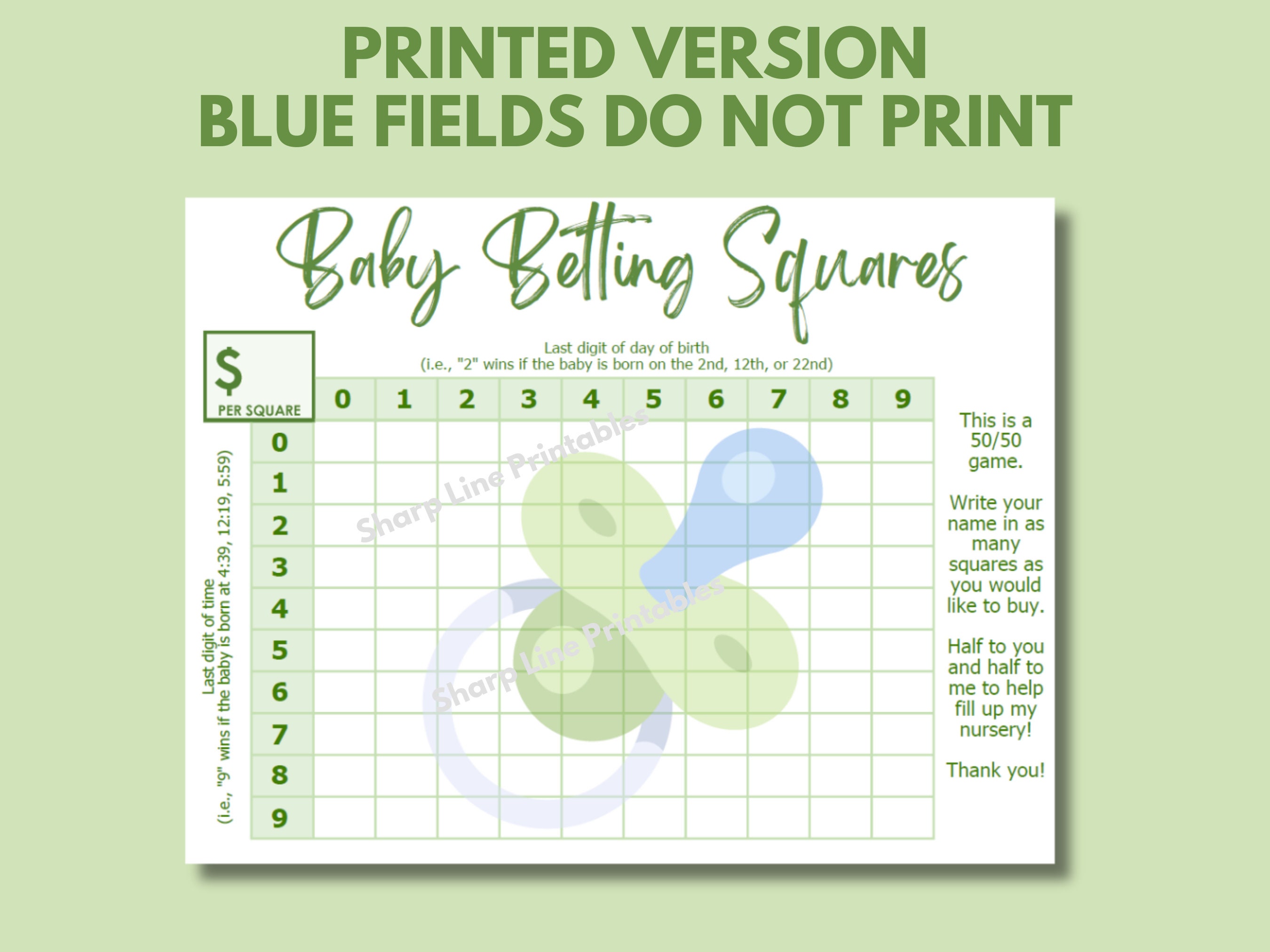 Customizable Baby Prediction Betting Squares, Printable Baby Pool Game ...